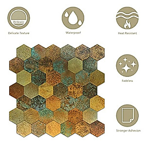 Kasaro 10-Sheet Peel and Stick Backsplash Tile, Retro Rust Stone Classic Stick on Wall Tiles, Self-Adhesive Aluminum Backsplash for Kitchen, Bathroom, Fireplace, Bedroom, Hexagon