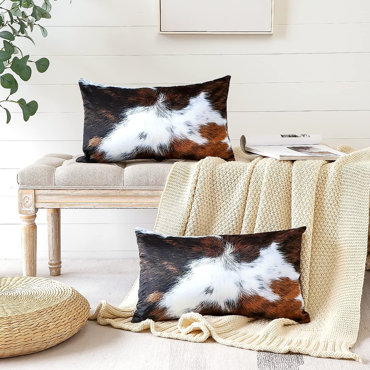 OTOSTAR Throw Pillow Covers Cowhide Decorative Pillow Covers 12x20 Inch Cozy Soft Velvet Pillowcase Rectangle Set Cushion Case for Couch Home Living Room Sofa Bedroom Car Decor Set of 2 (Cowhide B)