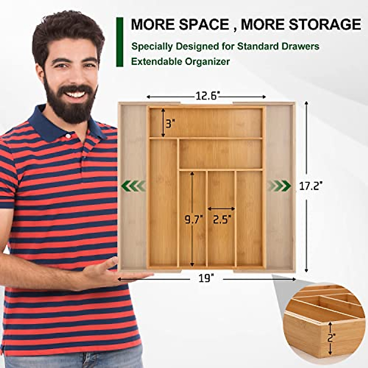 HIWARE Kitchen Utensil Organizer Silverware Organizer Silverware Tray For Drawer, Expandable Bamboo Kitchen Drawer Organizer, Large Utensil Cutlery Organizer/Holder