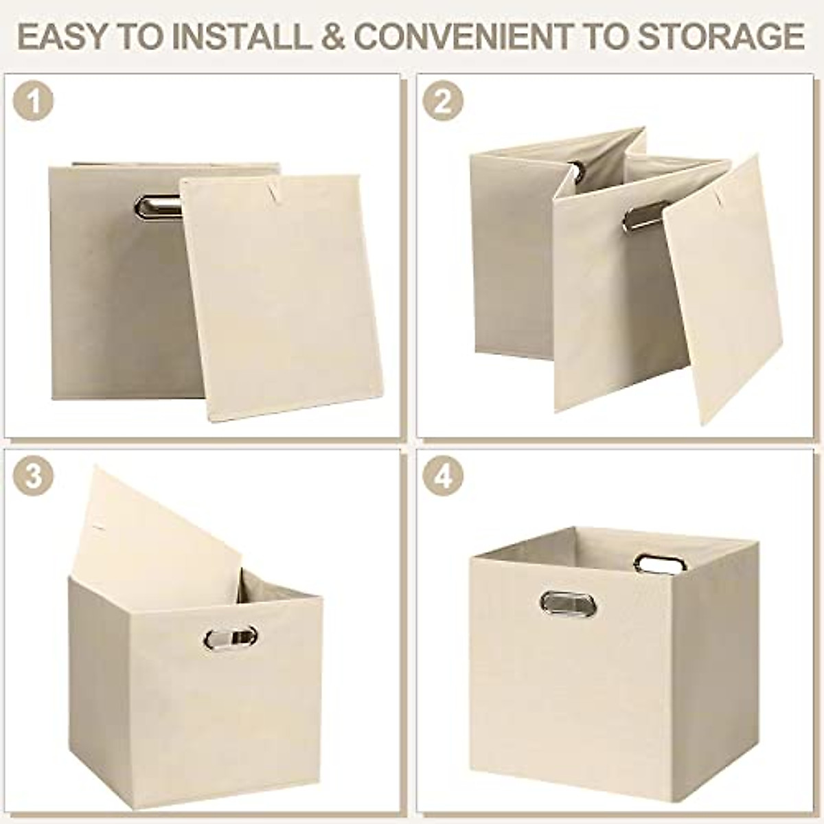 6 Pcs Fabric Storage Cubes 13x13x13 Cube Storage Bins with Metal Handle Collapsible Cube Storage Organizer Bins Basket Storage Square Basket for Organizing Shelf Cabinet Bookcase Boxes (Beige)