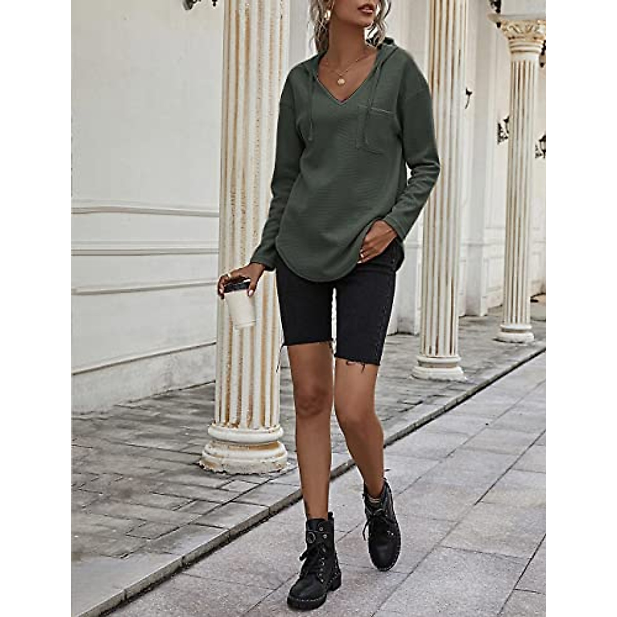 morhuduck Women's V Neck Hoodies Long Sleeve Sweatshirt Drawstring Pullover Tops with Pocket,Army Green, S