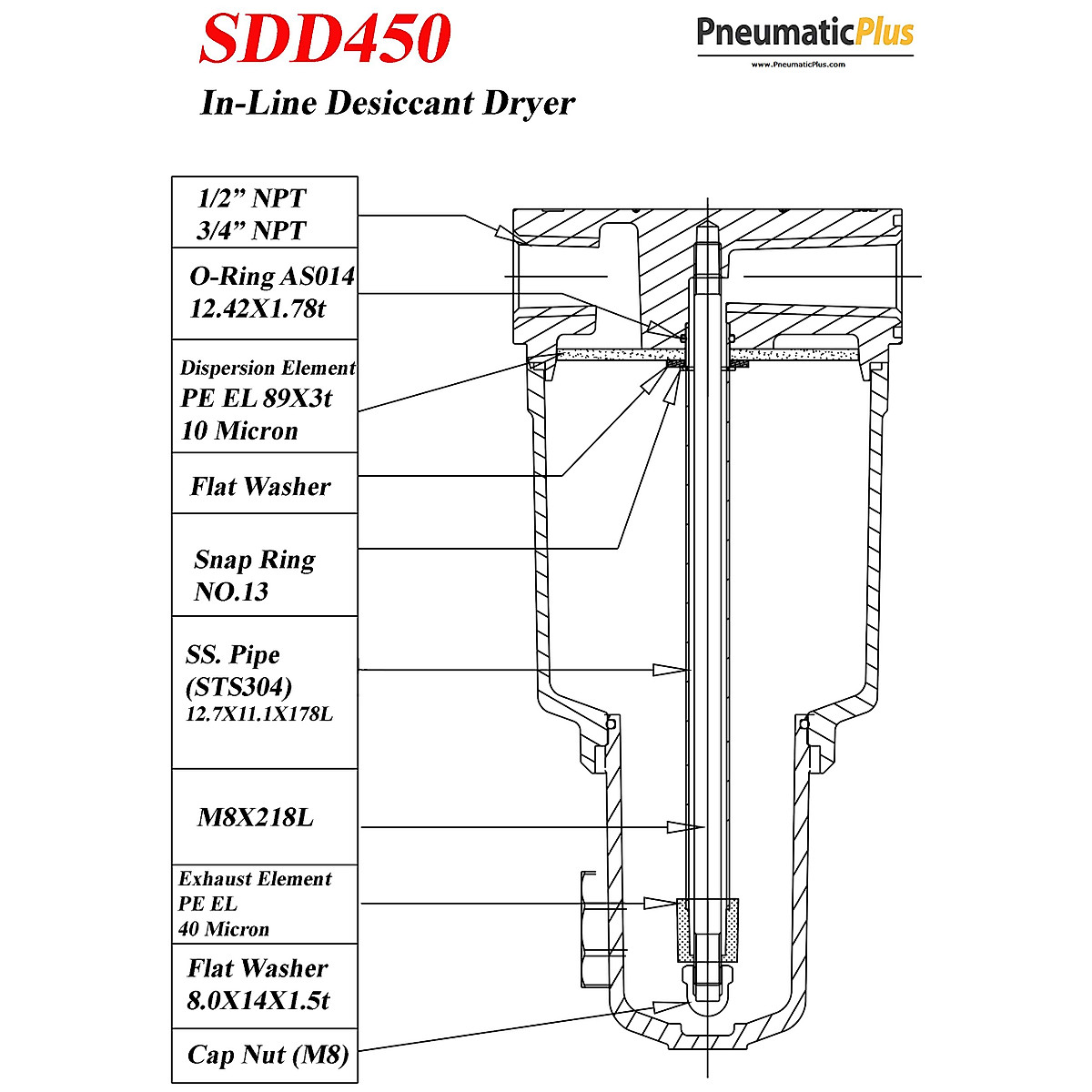 PneumaticPlus SDD450-N04F in-Line Desiccant Air Dryer 1/2" NPT - Metal Bowl w/Large Dome, 1 Quart Blue Desiccant Bead