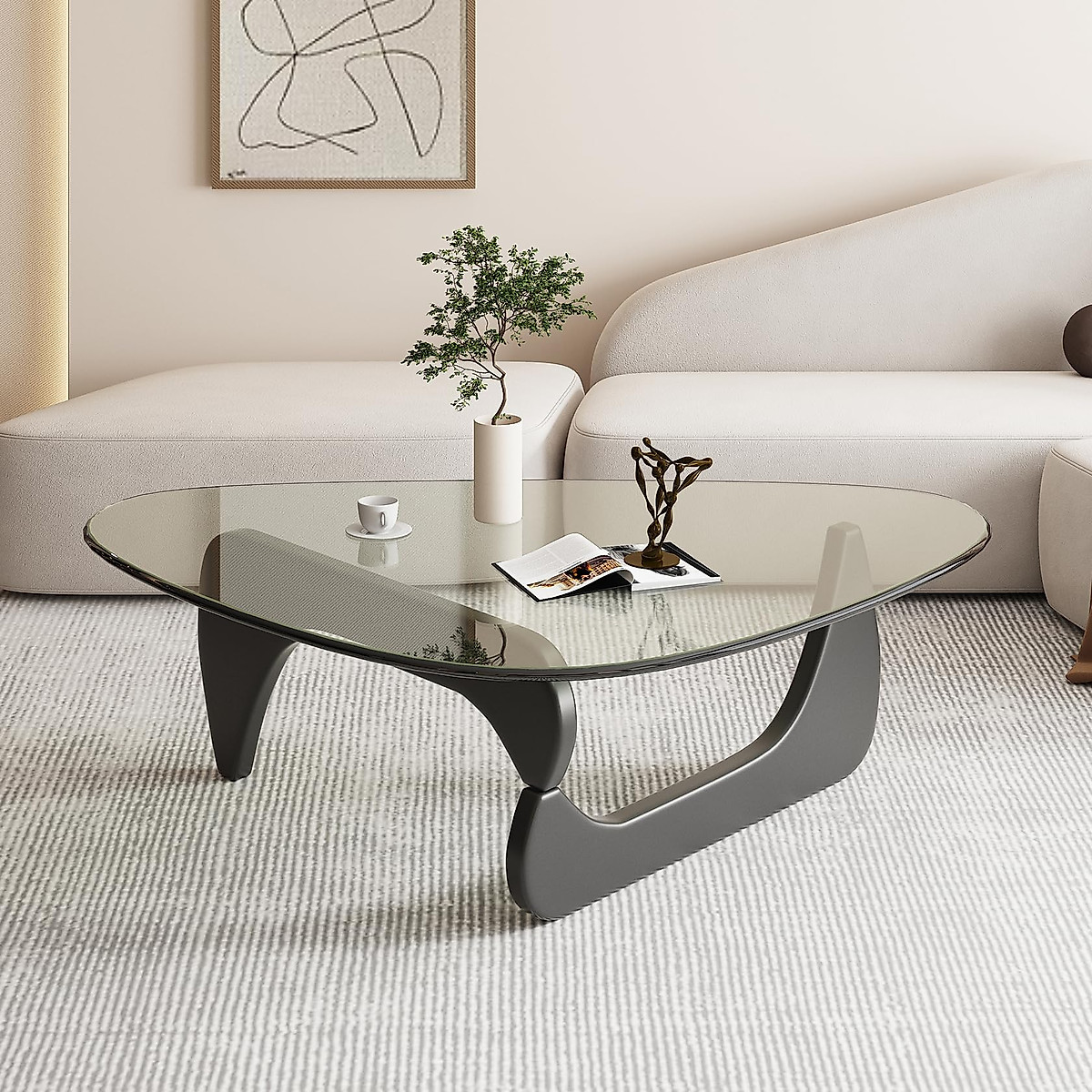 Triangle Coffee Table in Walnut Mid Century Modern Solid Wood Base and Triangle Clear Glass Coffee Table for Living Room Low Minimalist Tea Table Coffee Tables (36 * 25.6 * 16, Black Transparent)