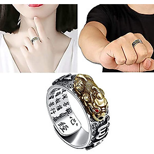 Jeshowmen Feng Shui Ring, Anillo Pixiu Ring, Adjustable Buddhist Heart Sutra Ring for Wealth and Protection Good Luck Money Amulet (A)