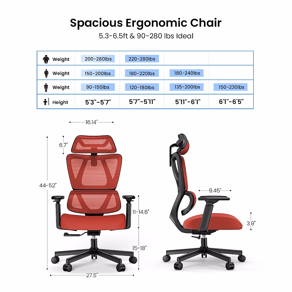ProtoArc Ergonomic Office Chair with 30% Thicker Saddle Shaped Spring Cushion, Adaptive Lumbar Support, Big and Tall Mesh Chair with Headrest for Home Office, Desk Chair with Wheels EC100 (Red)