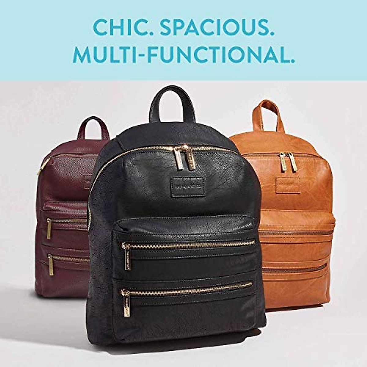 The Honest Company Vegan Leather City Backpack | Diaper Bag with Changing Pad | Black Vegan Leather with Gold Hardware | PVC-Free Lining | 16 x 5 x 18