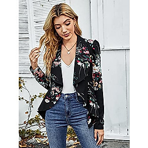 Milumia Women's Floral Print Waterfall Collar Blazer Asymmetrical Hem Suit Outerwear Black X-Large