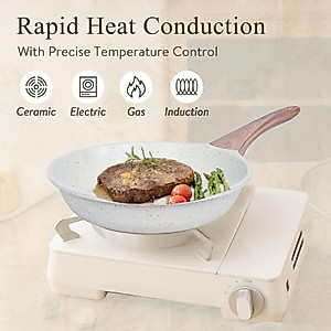 Ucclife 10pcs Pots and Pans Set Nonstick, Granite Frying Pans Induction Kitchen Cookware Sets, with Wood Print Handles Frying Pans, Saucepans, Steamer Shovel Spoon, Beige