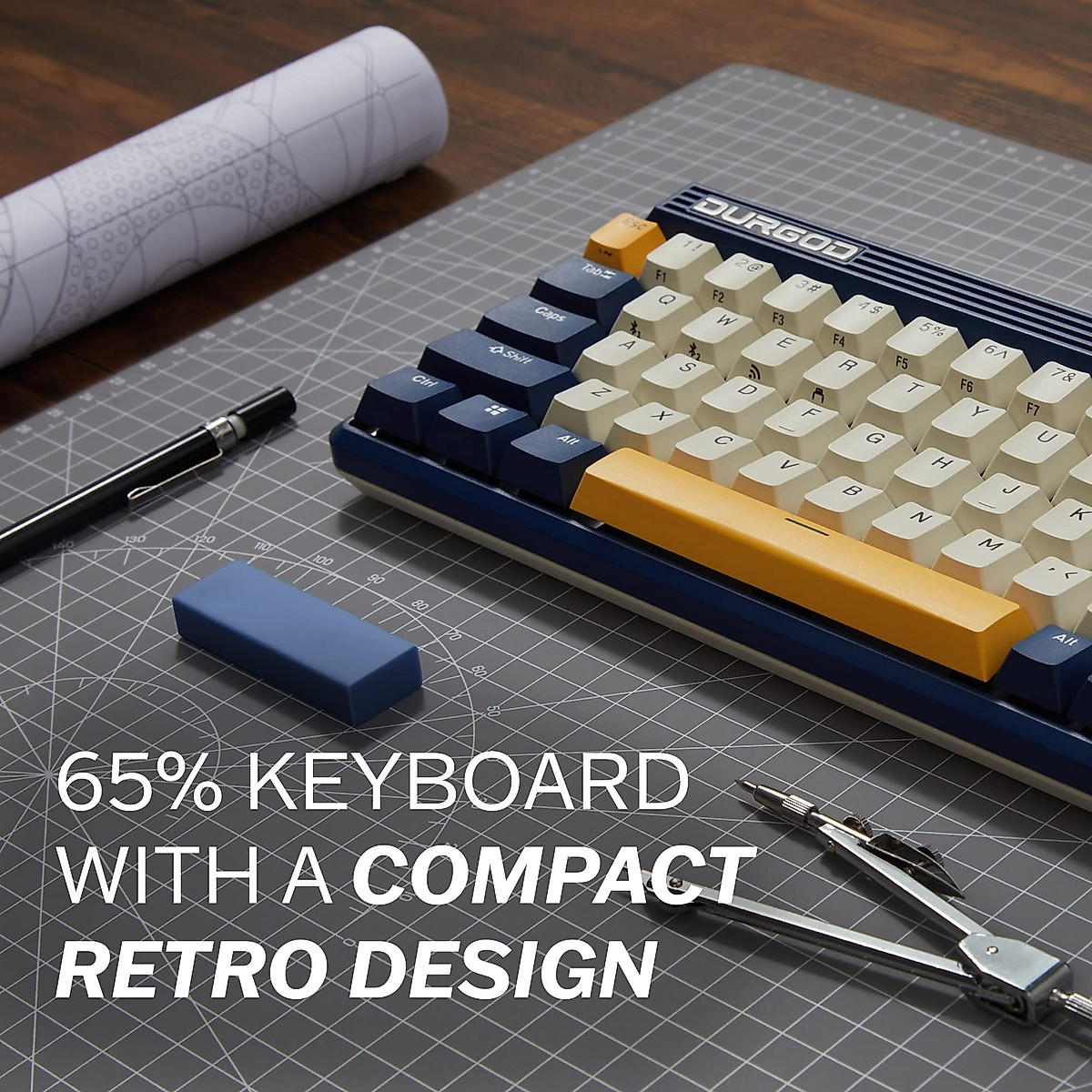 DURGOD Fusion Mechanical Retro Keyboard | 65% Layout | Wireless 2.4 GHz, Bluetooth 5.0, USB C | Doubleshot PBT | Up to 40 Days Battery Life | Windows, Android, iOS (Cherry MX Brown, Navigator)