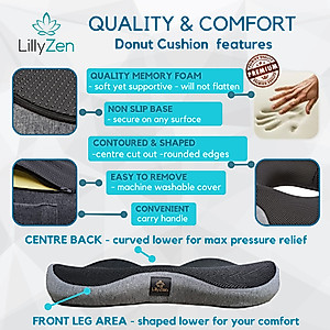 Lillyzen Donut Pillow for Tailbone Pain Relief Memory Foam Seat Cushion Orthopedic Pressure Relief Sitting Coccyx Sciatica Hemorrhoids Pregnancy Postpartum Office Chair Butt Pillows (Black Grey)