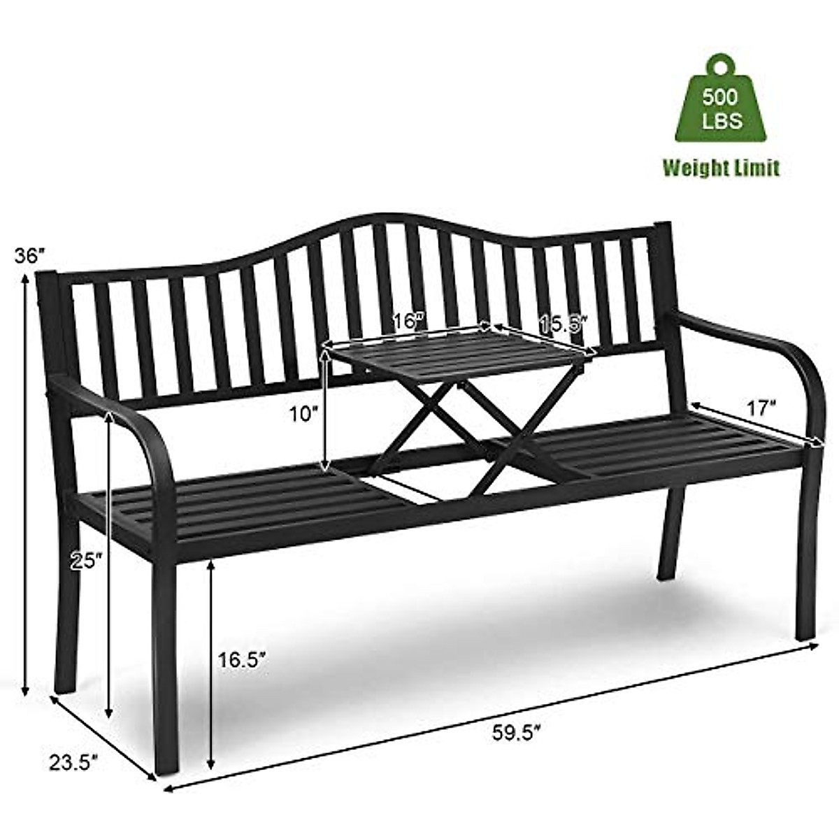 HAPPYGRILL Outdoor Garden Bench Metal Patio Loveseat Benches with Pullout Table for Yard Lawn Porch