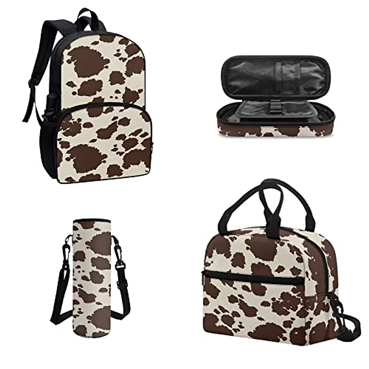 Drydeepin Cute Brown Cow Cowhide Print 4Pcs School Bags Set for Teens Boys Girls Large Capacity Backpack and Lunch Box Set with Water Bottle Holder Bag Pencil Case Middle School Student Bookbag