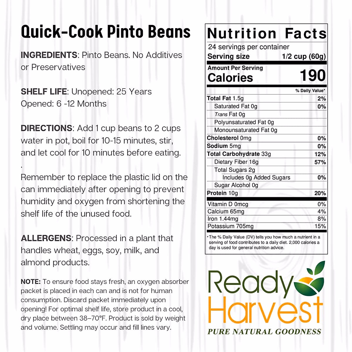 Ready Harvest Quick-Cook Pinto Beans Canned Dried Beans Dry Beans Pinto Beans Dry | Canned Food | Emergency Food Supplies Survival Food Emergency Food Rations #10 Can 25-Year Shelf Life 3 lbs