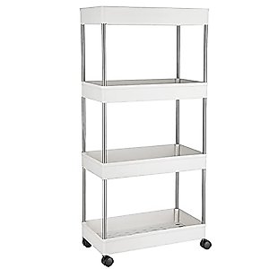 Storage Cart by PILITO, Rolling Utility Cart Mobile Shelving Unit Organizer with Wheels for Bathroom, Kitchen, Office, Home, Laundry Room & Dressers, Plastic & Stainless Steel, White (4-Tier)