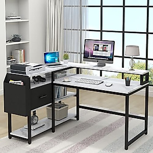 Loomie Reversible L Shaped Computer Desk with Drawer, 55"Wx41"D Industrial Corner Computer Desk with 4 Tier Storage Shelves&Monitor Stand and Storage Bag,Study Table for Home Office, White Faux Marble