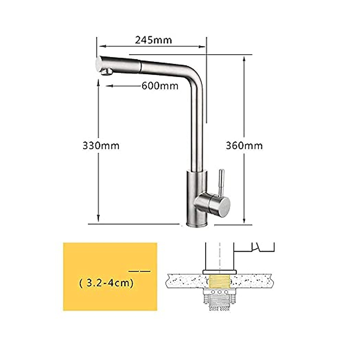 Kitchen taps with Pull Out Spray,Mixer tap hot and Cold 360°Swivel Single Lever,Stainless Steel Brushed,2 Functions,Kitchen Sink,Faucet