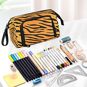 Quteprint Large Capacity Pencil Case, Animal Tiger Skin Pattern Portable Pencil Bag Pen Case Pouch with Zipper, Office School Stationery Bag Pencil Box Holder for Teens Girls Boys Adults Student