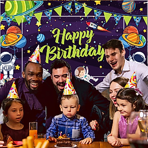 Space Birthday Decorations Banner Outer Space Happy Birthday Banner Backdrop, Astronaut Rocket Space Birthday Banner Space Themed Party Decorations Supplies for Boys Girls Kids 72.8x43.3 Inch