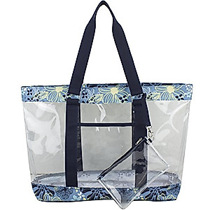 Eastsport Clear Deluxe Tote Bag with FREE Wristlet, Durable, See-Through, Transparent, Zipper Closure, Perfect for Work, Sporting Events, School and Concerts - Blue Floral