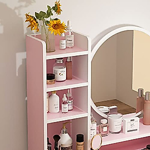 AIEGLE Vanity Desk Set with Round Mirror, Makeup Dressing Table with Shelves & Cushioned Stool, Vanity Desk & Vanity Stool Set, Pink (31.5" W x 15.7" D x 52" H)