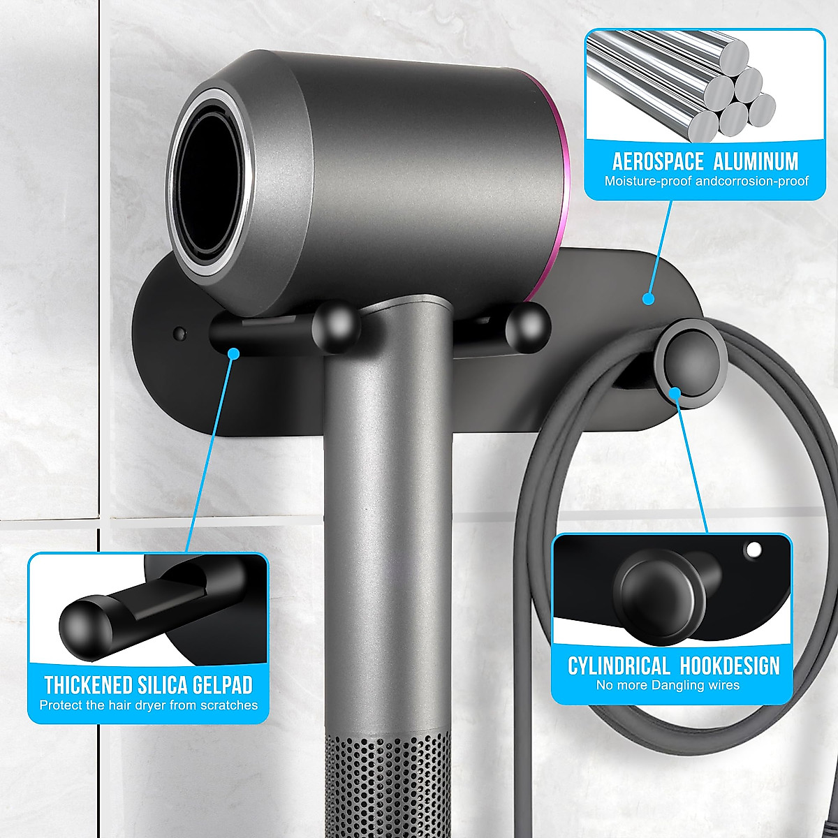 NALoRa Hair Dryer Holder Wall Mounted, Affordable Luxury Blow Dryer Holder for Bedroom, Salon, Hairdryer Holder for Bathroom, Self Adhesive Hair Dryer Holder, Widely Adaptable to 99% of Hair Dryers