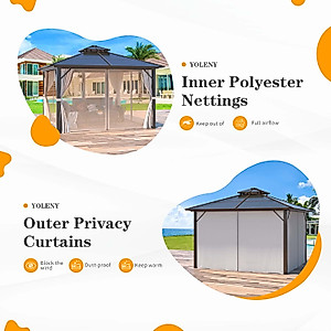 YOLENY 12'x12' Hardtop Gazebo, Outdoor Polycarbonate Double Roof Canopy, Aluminum Frame Permanent Pavilion with Curtains and Netting, Sunshade for Garden, Patio, Lawns
