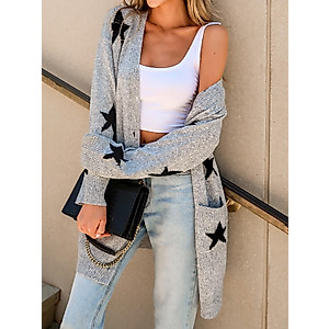 CUPSHE Womens 2024 Fall Open Front Long Sleeve Star Print Knit Cardigan Sweaters Outwear with Pockets Grey, XL