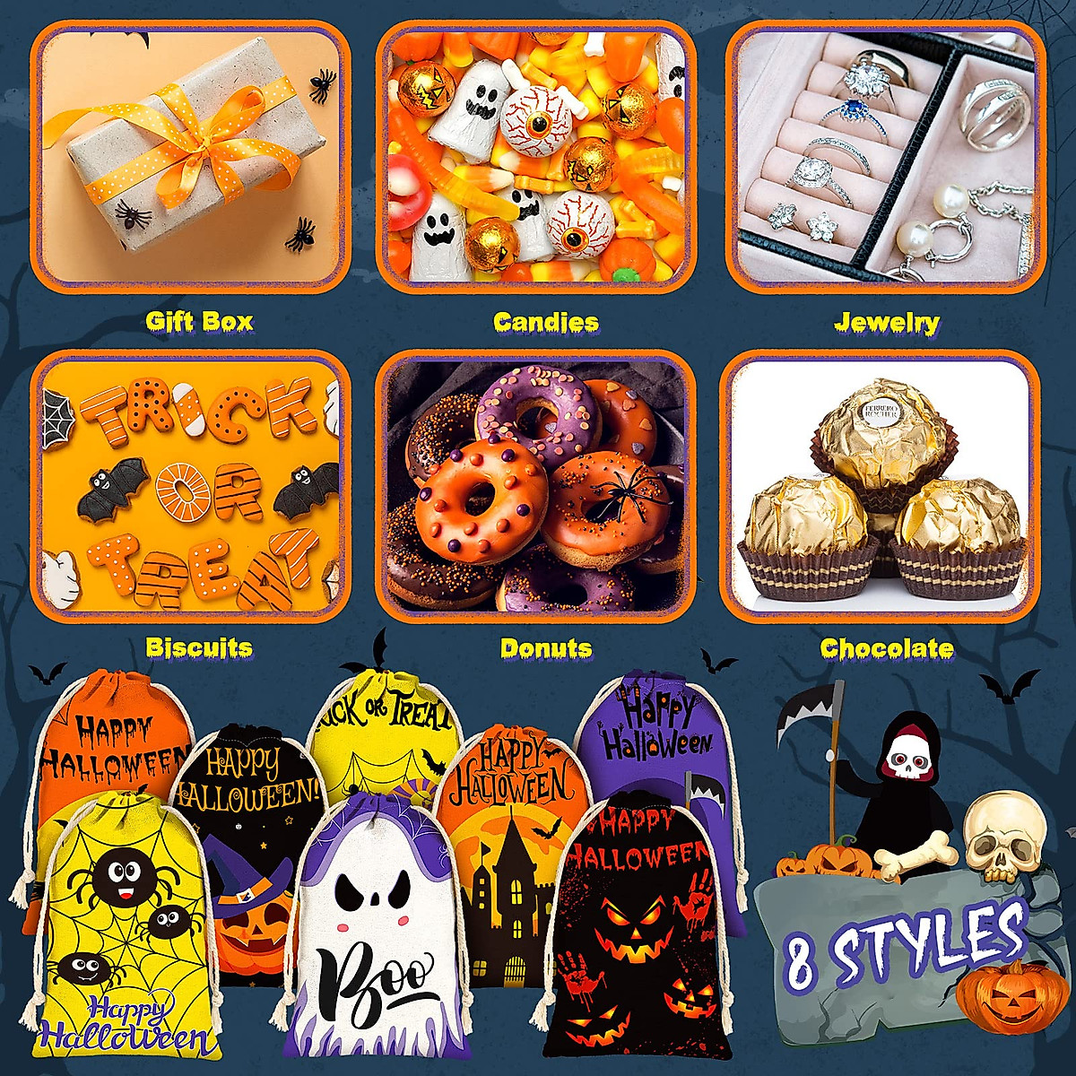 24 Pieces Halloween Drawstring Gift Bags 4 x 6 Inches Goodie Bags Halloween Party Favors Bags Halloween Canvas Bags for Kids Party Supplies, 8 Styles