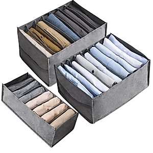 3PCS Washable Wardrobe Clothes Organizer, Foldable Drawer Organizer For Jeans, Pants, Leggings, T-Shirts, Skirts, Socks, Kid (SET OF 3,7&7&9 GRIDS), Grey, LS-C211203