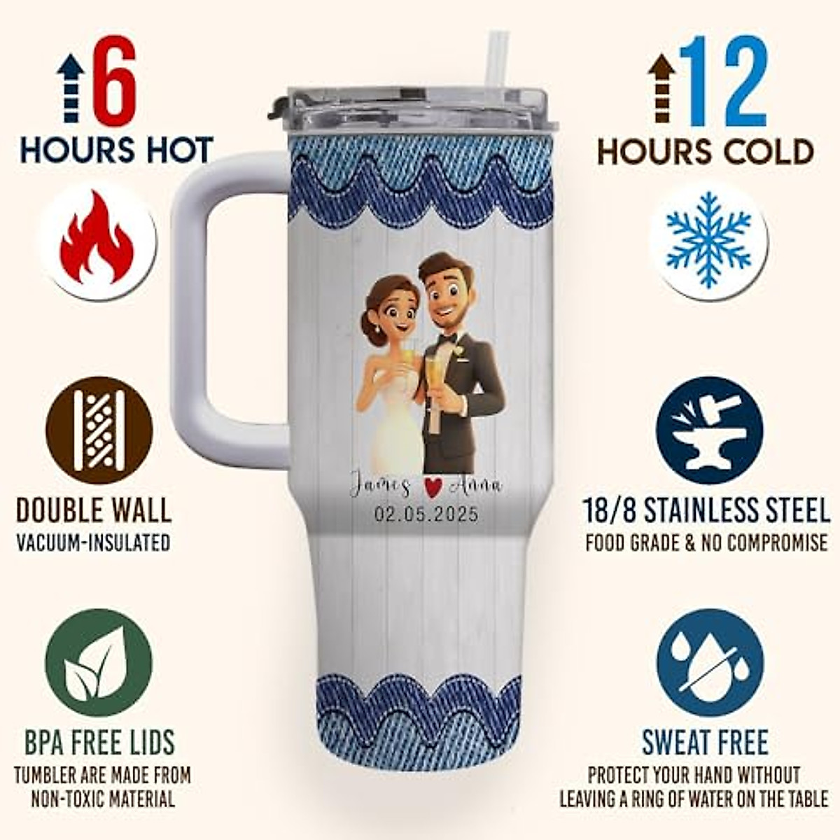 Custom 40oz Tumbler with Handle – wedding selfie-Personalized Couple Gift for Anniversary Wedding Gift, Birthday, Mother's Day, Valentine’s Day XagDx6