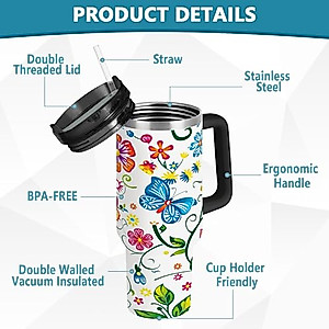 FRCSDIY Beautiful Butterfly Insulated Tumbler with Handle and Straw Lid,40oz Leakproof Stainless Steel Cup BPA-Free Water Bottle