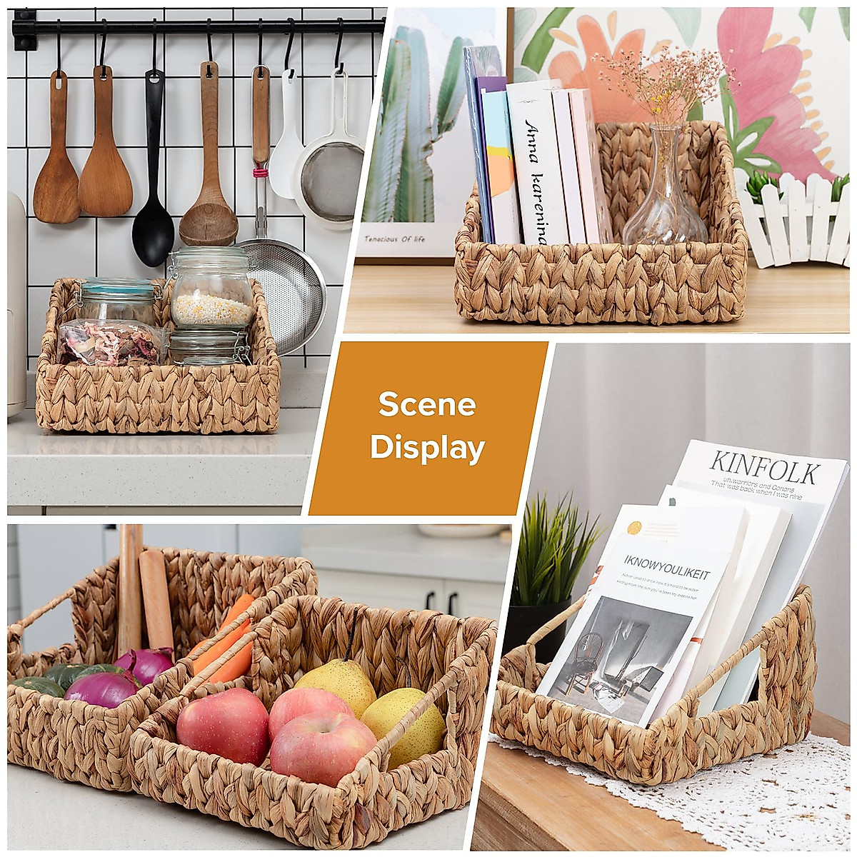 OEHID Small Wicker Baskets,Wicker Baskets for Storage, Water Hyacinth Storage Baskets, Pantry Baskets Woven Baskets for Shelves, Rattan Basket Wicker Storage Basket for Organizing with Handles, 2 Pack