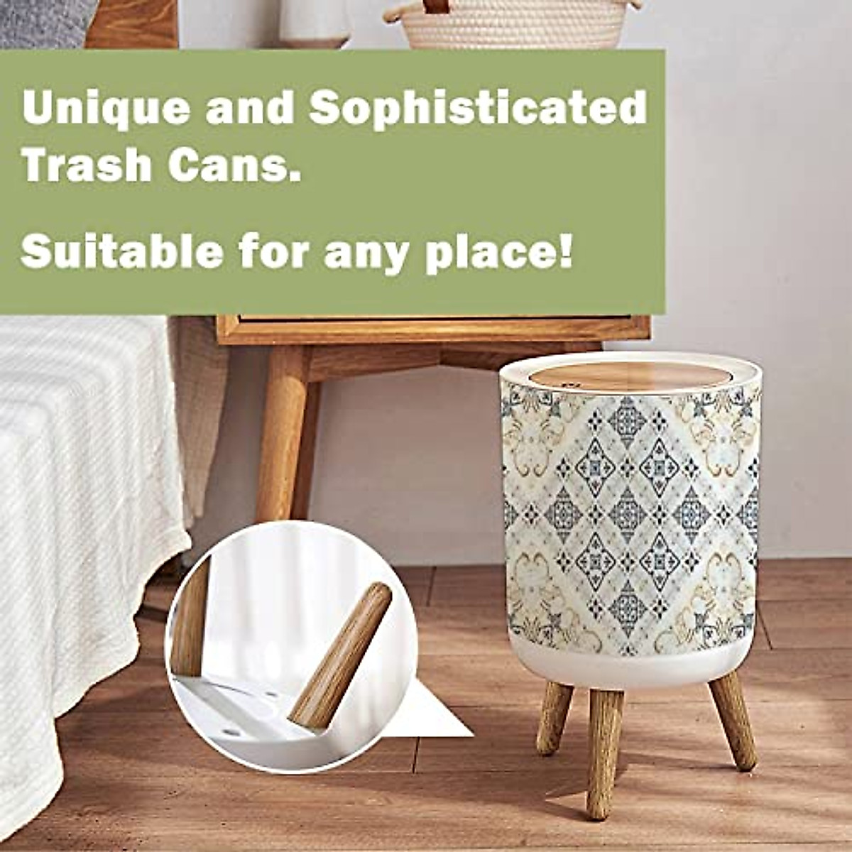 Small Trash Can with Lid Seamless Based on Ornament Paisley Bandana Print Vintage Style Silk Wood Legs Press Cover Garbage Bin Round Waste Bin Wastebasket for Kitchen Bathroom Office 7L/1.8 Gallon
