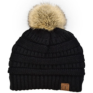 C.C Trendy Fuzzy Sherpa Fleece Lined Warm Soft Stretch Cable Knit Faux Fur Pom Pom Skull Cap Cuff Beanie Hat