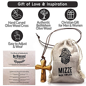 Hand Carved Tapered Wooden Cross Necklace for Men & Women on Adjustable 32" Brown Leather Cord - Wood Cross Pendant for Boys Girls Men & women