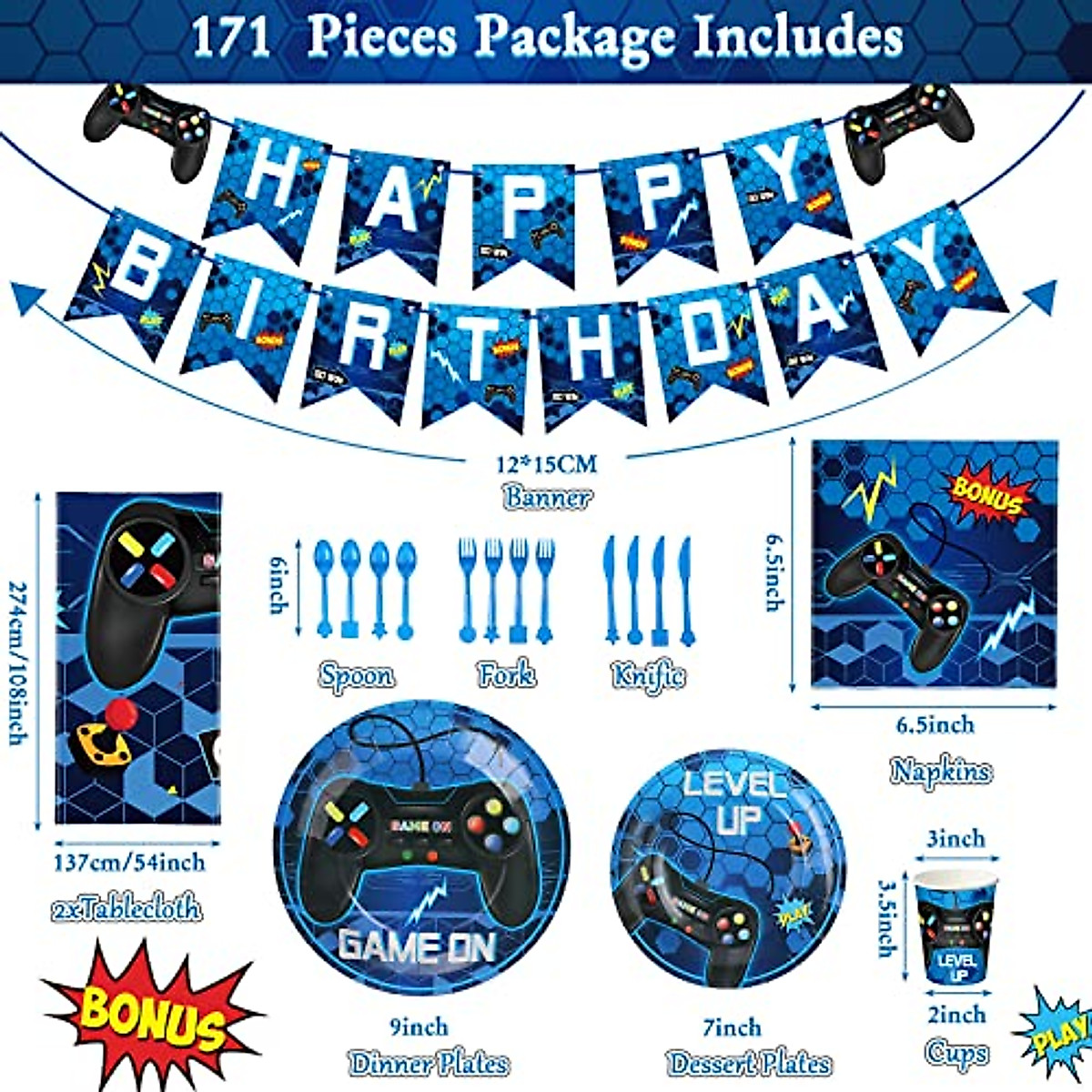 172 Pieces Video Game Party Decoration Set Game Happy Birthday Banner Gamer Party Supplies Plastic Tablecloth Paper Plates Tableware for Boy Girl Player Birthday Party Pack, Serving 24 Guests (Blue)