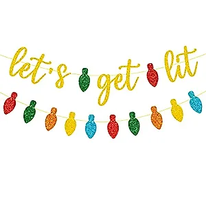 JOZON Gold Glittery Let's Get Lit Banner and and Colorful Glittery Christmas Lightbulb Themed Banner Christmas Garland Signs Christmas Holiday Party Supplies for Mantle Fireplace Wall Party Decorations