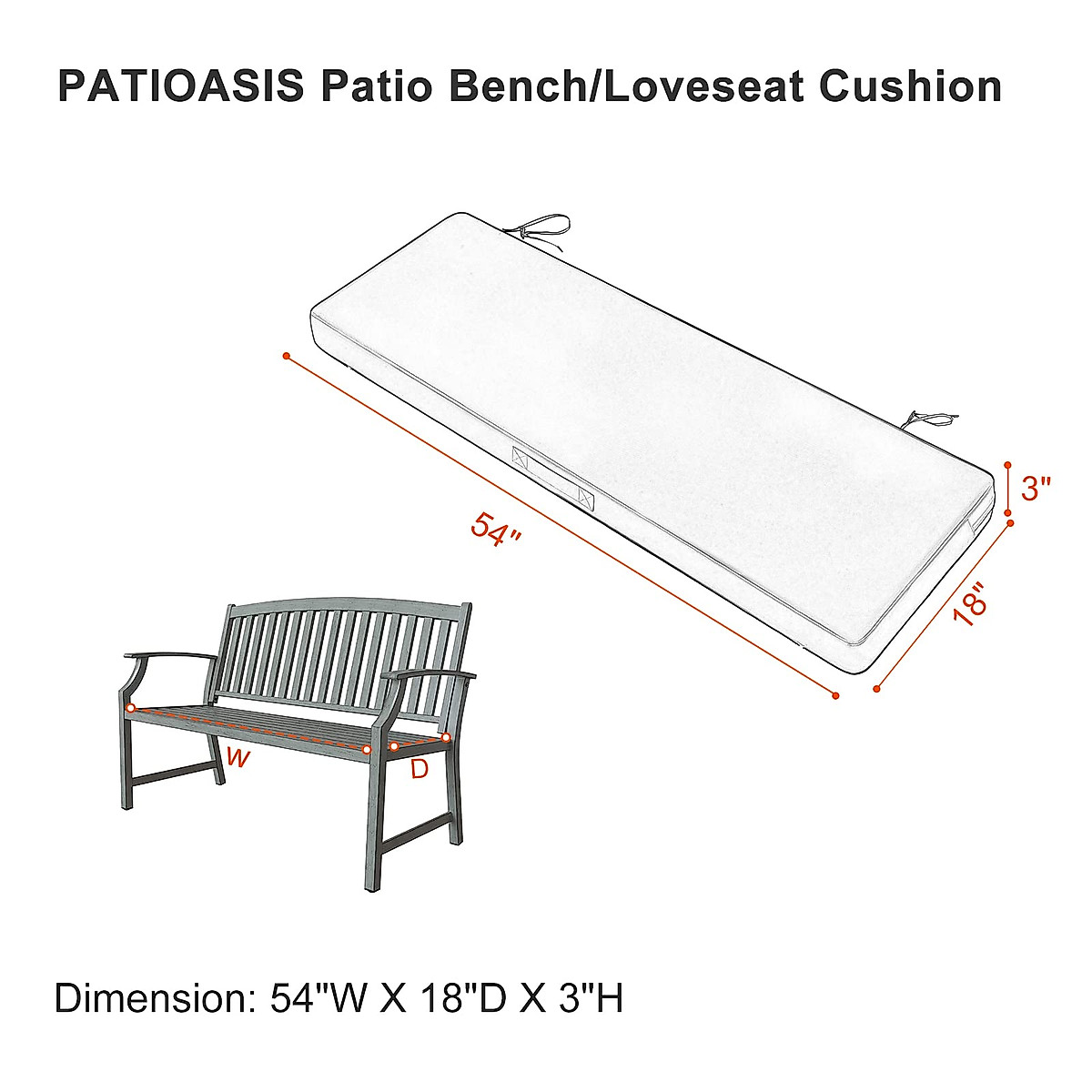 PATIOASIS Outdoor Loveseat Cushion 54" W x 18" D x 3" H Deep Seat Bench Indoor Cushions with Adjustable Staps and Handle Lawn Furniture Cushions Clearance Gray
