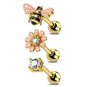 CM Crareesi Mania 3Pcs Cute Bee Cartilage Earrings Pack 316L Stainless Steel Helix Dainty Bee 16G Tragus Conch Gold Cartilage piercing jewelry Pack