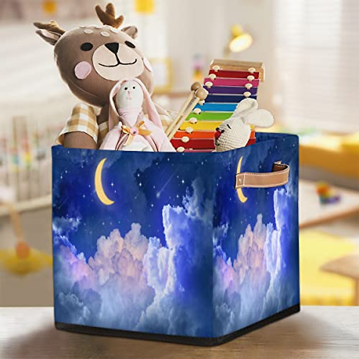 Large Collapsible Storage Bins,Night Sky with Moon Stars Decorative Canvas Fabric Storage Boxes Organizer with Handles,Cube Square Baskets Bin for Home Shelves Closet Nursery Gifts