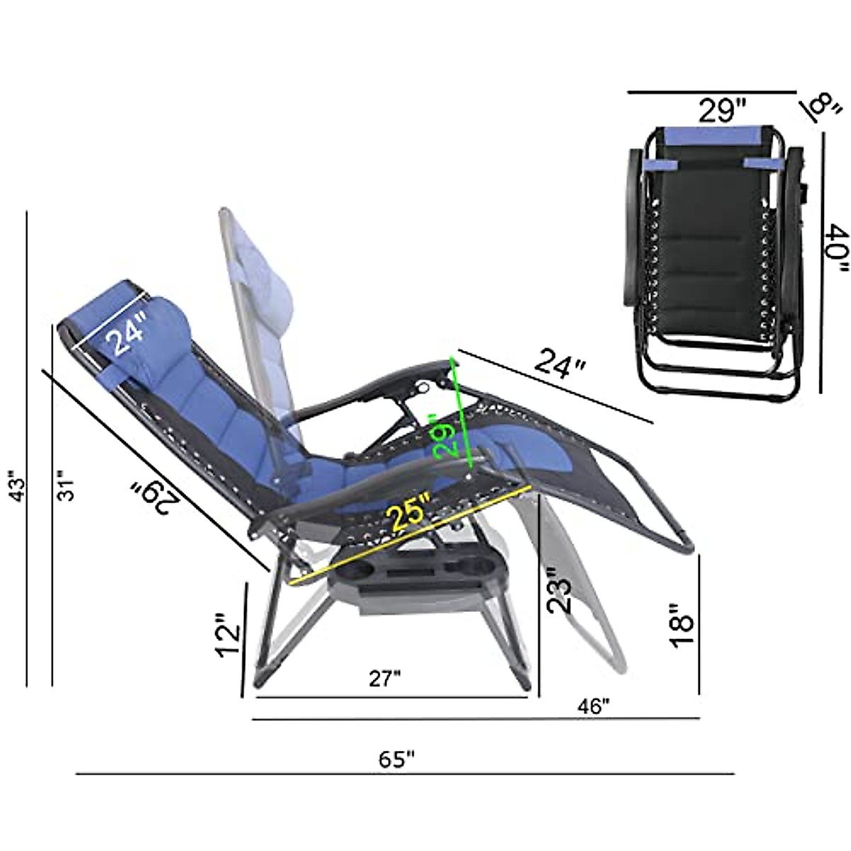 BTEXPERT Blue Black Oversized Padded Zero Gravity Chair Folding Recliner Case Lounge Outdoor Pool Patio Beach Yard Garden Utility Tray Cup Holder