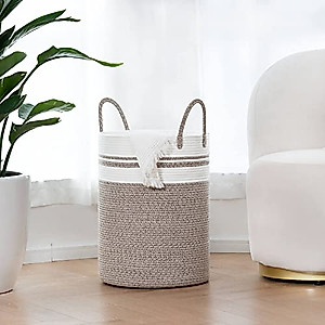 CHICVITA Baby Nursery Laundry Hamper, Tall Woven Rope Laundry Basket with Handle for Clothes, Towels, Toys, Blankets, Jute Basket Decor for Living Room, 15 x 20 inches, 58L White & Brown