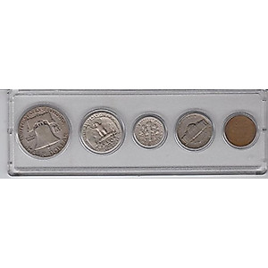 1951 No Mint Mark Birth Year Coin Set (5) Coins - Silver Half Dollar, Silver Quarter, Silver Dime, Nickel, and Cent All Dated 1951 and Encased in a Plastic Display case Collection Seller Very Good -Fine