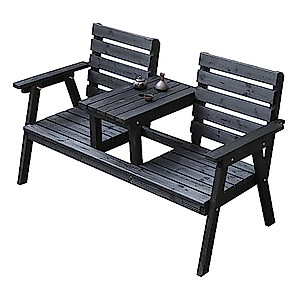 Wooden Outdoor Patio Bench with Center Table & Umbrella Hole - Natural Oiled Wood Garden Bench Set of 2 Chairs, Slatted Design