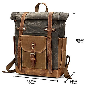 Mwatcher Canvas Leather Backpack Waterproof Rucksack for College Weekend Travel Fit 15in laptops