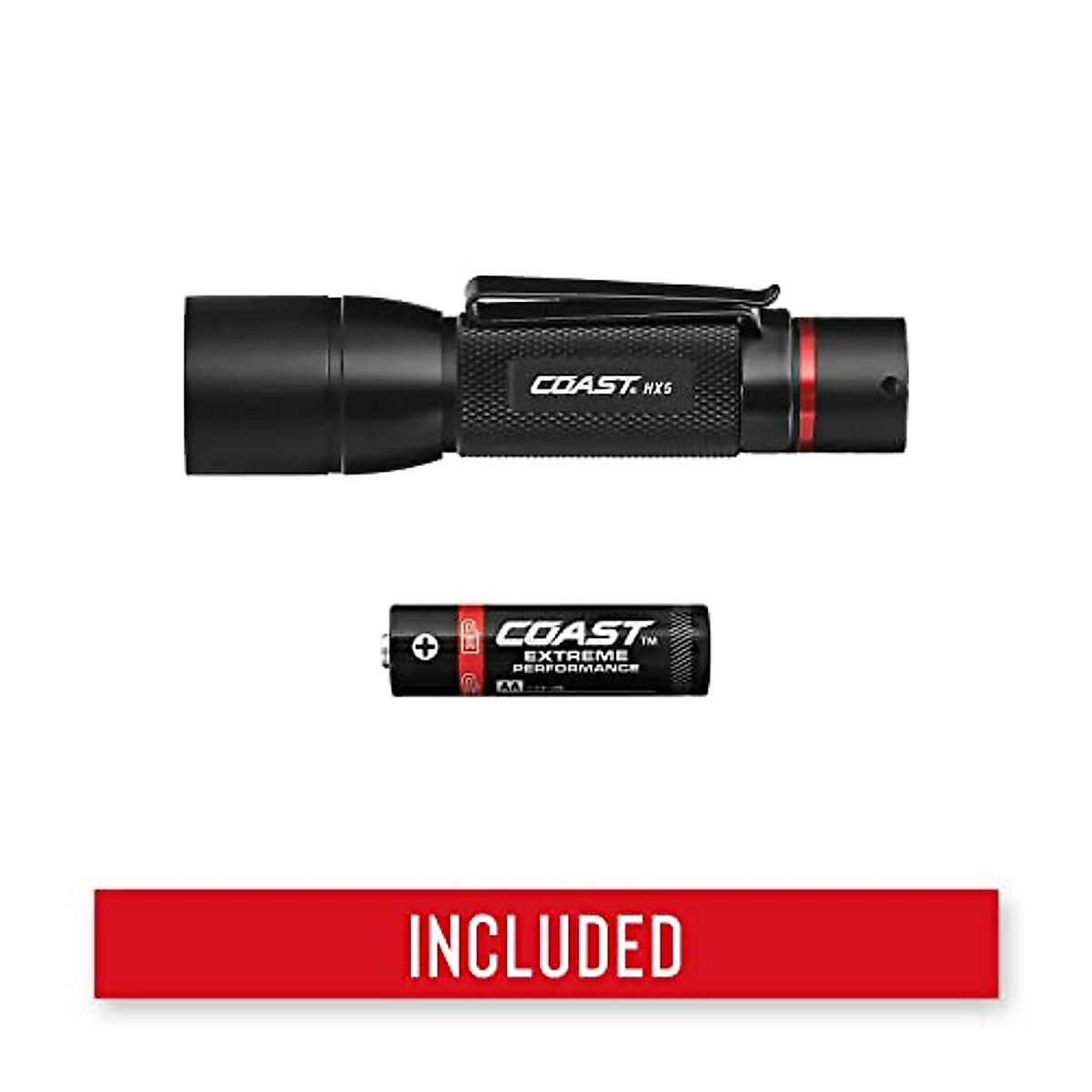 COAST HX5 410 Lumen LED Flashlight, Pure Beam Focusing, Slide Focus, Pocket Clip, Weatherproof, Pocket Sized, Battery Included, Black.