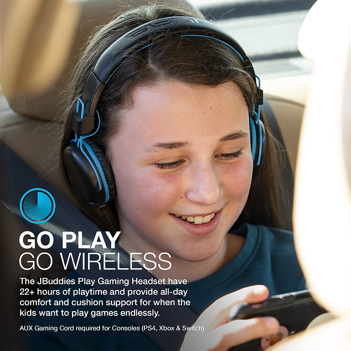JLab JBuddies Play Gaming Wireless Kids Headset, Black, 22+ Hour Bluetooth 5 Playtime 60ms Super-Low Latency for Mobile Gameplay, Retractable Boom Mic, AUX Cord Compatible w/Gaming Consoles