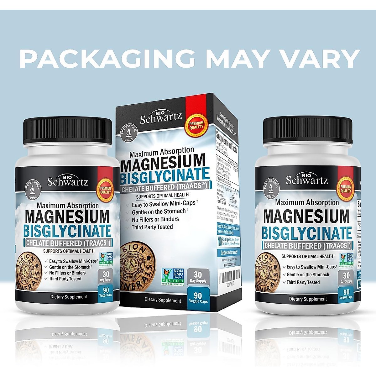 Magnesium Bisglycinate 100% Chelate No-Laxative Effect - Maximum Absorption & Bioavailability, Fully Reacted & Buffered - Healthy Energy Muscle Bone & Joint Support - Non-GMO Project Verified - 90 ct