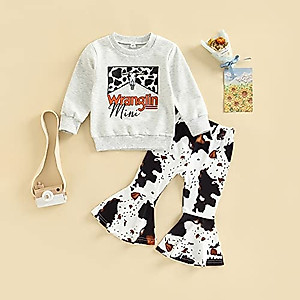 Toddler Baby Girl Fall Outfits Letter Print Sweatshirt Clothes Cow Print Flared Pants Bell Bottom Outfits (Gray, 2-3 Years)
