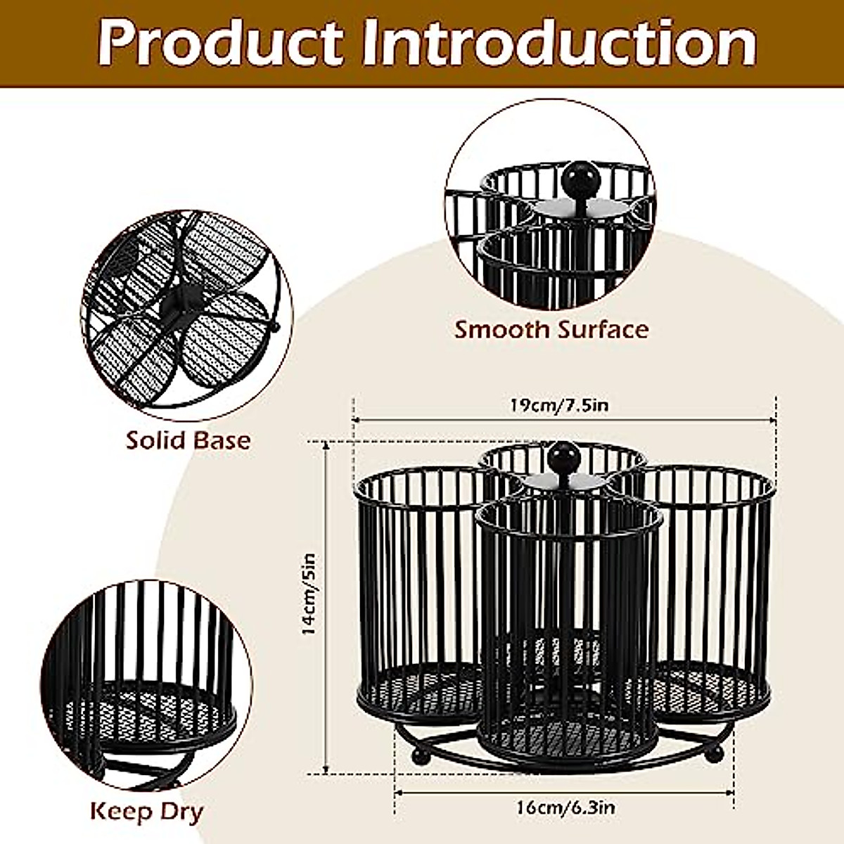 360° Rotating Metal Utensil Caddy, Utensil Organizer Holder 4 Compartment Flatware Storage Basket Portable Multipurpose Countertop Silverware Organizer for Kitchen Picnic Camping Outdoor (Black)